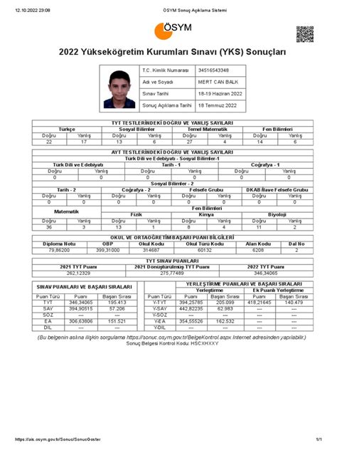 Sınav Sonuç Belgesi Pdf