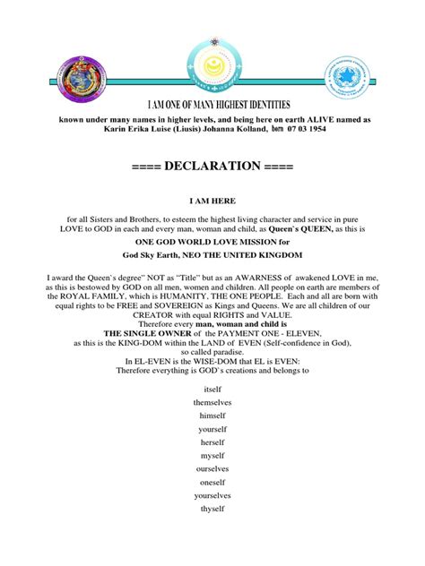 Queens Queen Declaration 11 12 2014 Pdf Ownership God