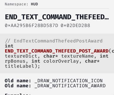 EndTextCommandThefeedPostAward FiveM Natives Cfx Re Docs