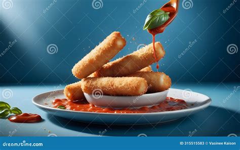 Crispy Mozzarella Sticks In A Ceramic Dish With Basil Leaf And Tomato