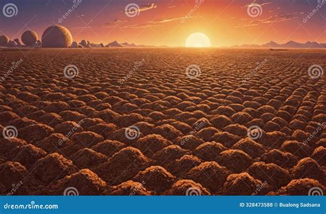 Vast Desert Landscape At Sunset Features Large Circular Structure In The Distance With Warm