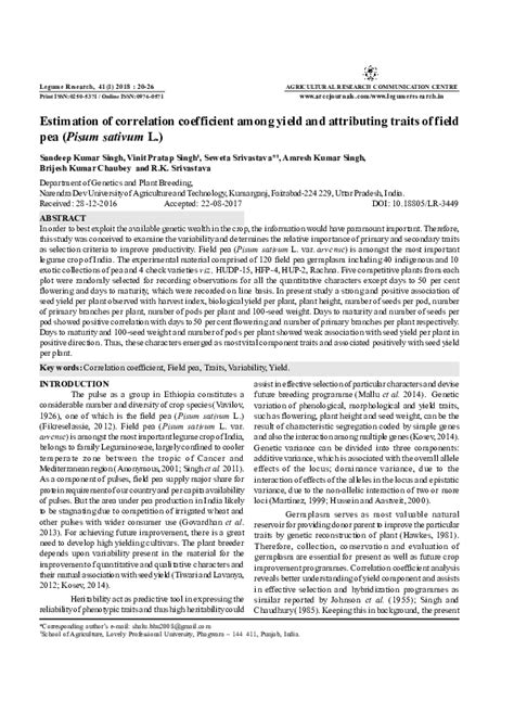 Pdf Estimation Of Correlation Coefficient Among Yield And Attributing Traits Of Field Pea