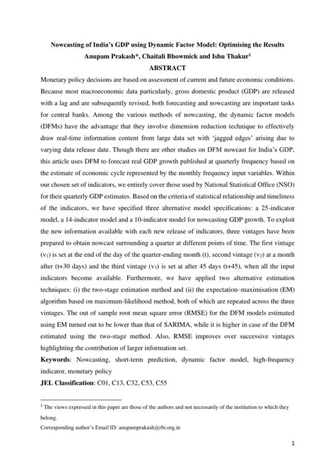 Pdf Nowcasting Of Indias Gdp Using Dynamic Factor Model Optimising The Results