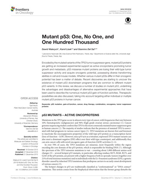 Pdf Mutant P53 One No One And One Hundred Thousand