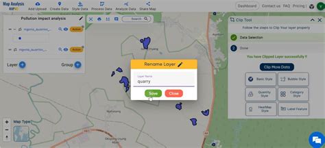 create map for pollution impact analysis around quarries mapog