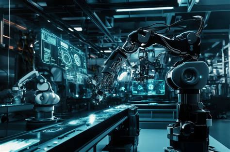 A Futuristic 3d Background Of A Hyper Advanced Robotics Factory Where Robotic Arms Assemble