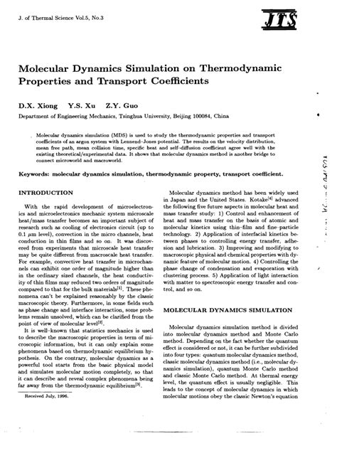 Pdf Molecular Dynamics Simulation On Thermodynamic Properties And Transport Coefficients
