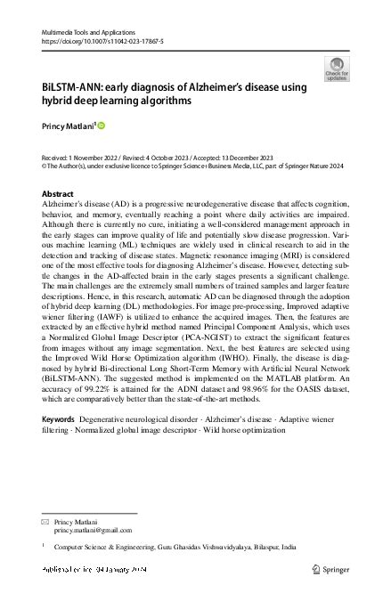 pdf bilstm ann early diagnosis of alzheimer s disease using hybrid