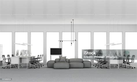 도시 전망과 일광이 있는 현대적인 넓은 사무실 객실 인테리어 카펫 바닥과 사무용 가구 회의실 거실 과 리셉션 홀 흰색 작업장 디자인 개념 3d 렌더링 3차원 형태에 대한
