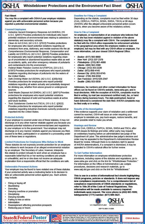 Osha Whistleblower Protections And The Environment Fact Sheet — State