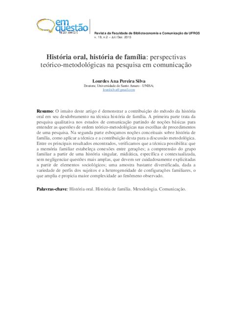 Pdf História Oral História De Família Perspectivas Teórico