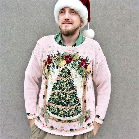 Vintage 90s Pink Big Christmas Tree Tacky Ugly Holiday Sweater The