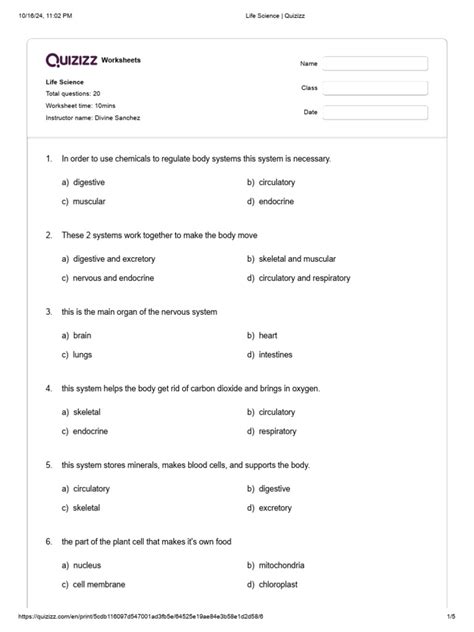 Quizizz Life Science Pdf Cell Biology Human Body