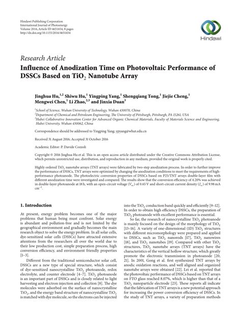 Pdf Influence Of Anodization Time On Photovoltaic Performance Of