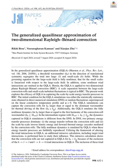 Pdf The Generalized Quasilinear Approximation Of Two Dimensional Rayleighbénard Convection