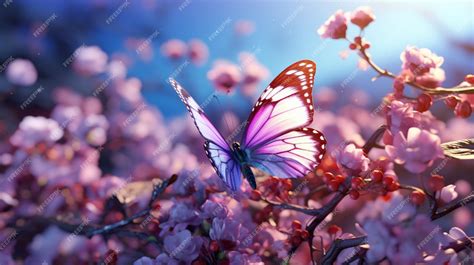 Premium Photo A Beautiful Purple Butterfly Flies In Pink Flower