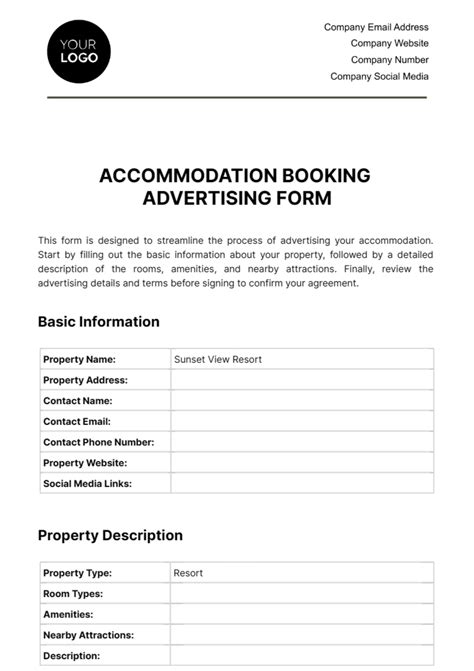 Free Accommodation Booking Advertising Form Template To Edit Online
