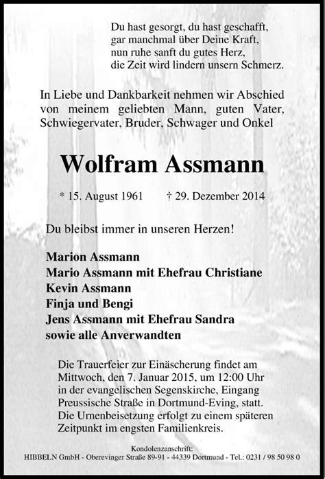 Traueranzeigen Von Wolfram Assmann Trauer In Nrwde