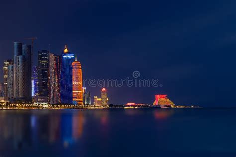 Illuminated Beautiful Doha Skyline After Sunset Editorial Photo Image