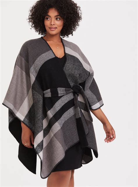 Plus Size Grey And Black Plaid Belted Ruana Torrid