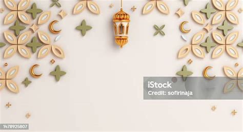 랜턴 초승달 만화 스타일 라마단 카림 마울리드 이프타르 이스라 미라지 이드 알 피트르 아다 무하람 복사 공간 텍스트 영역 3d 그림이 있는 이슬람 장식 배경 Eid Al
