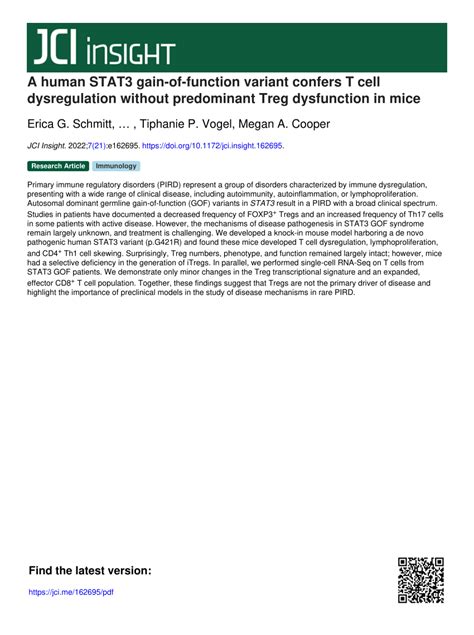 Pdf A Human Stat3 Gain Of Function Variant Confers T Cell