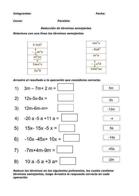 Reducción de términos semejantes interactive activity Expresiones