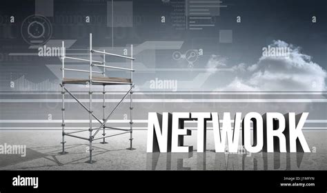 Digital Composite Of Network Text With 3d Scaffolding And Technology Interface Landscape Stock