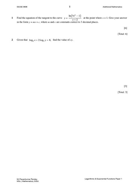 Logarithmic And Exponential Function Part 1 Qp Pdf