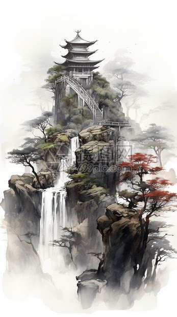国风山林古代建筑水墨画插画图片下载 正版图片600512219 摄图网