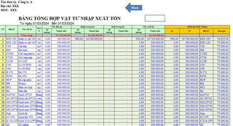 File excel Quản lý kho nhập xuất tồn kho trên excel mới nhất 2024