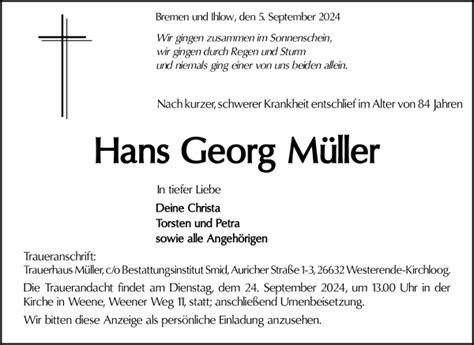 Traueranzeigen von Hans Georg Hinrich Müller Trauer Gedenken