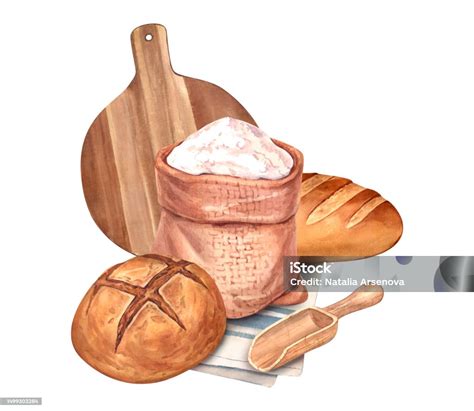 빵집과 과자 가게 빵을 위한 수채화 배너 호밀 빵 밀가루 밀 바게트 및 도마 디자인 배경 레스토랑 메뉴 요소 레시피 요리 책