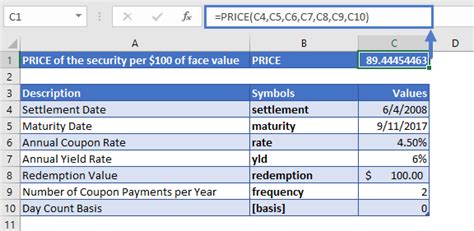 excel price function calculate bond price