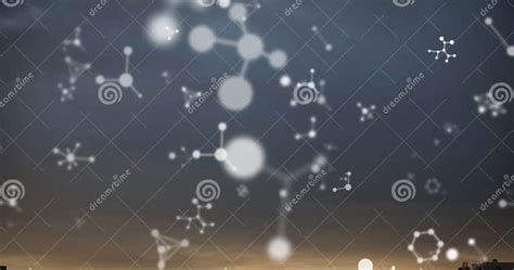 Numerous White Molecular Structures Are Floating Against Dark Cloudy
