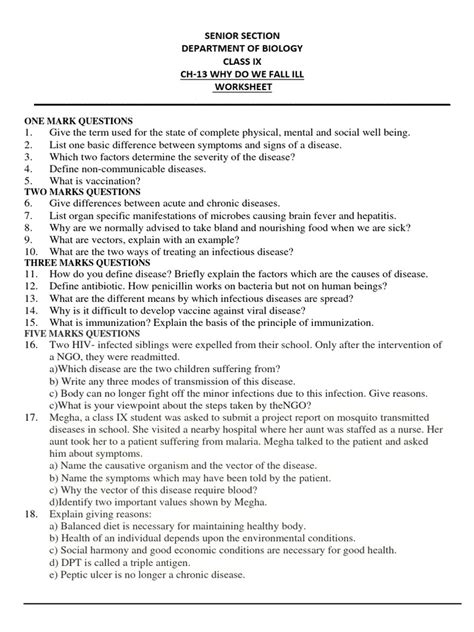 Cbse Class 9 Science Worksheet Why Do We Fall Ill Pdf Infection