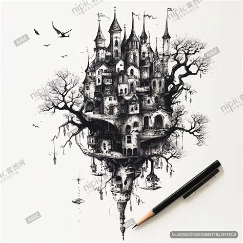 Ai创作图手绘童话镇 手绘欧式城堡 梦幻城堡插画 插画城堡 针管笔风景 创意钢笔画 创意针管画 城堡原创设计 针管笔装饰画 手绘城堡 黑白画创意插画 超现实主义的城堡 欧美城堡 城堡插画 世界