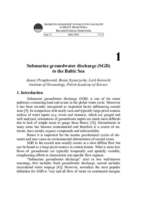 Pdf Submarine Groundwater Discharge Sgd To The Baltic Sea Beata Szymczycha