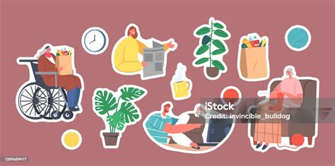 스티커 세트 는 선임 남성 또는 여성 캐릭터를 돕습니다 할머니 뜨개질 양말 휠체어에 식료품을 가진 여자 가방에 대한 스톡 벡터 아트 및 기타 이미지 Istock
