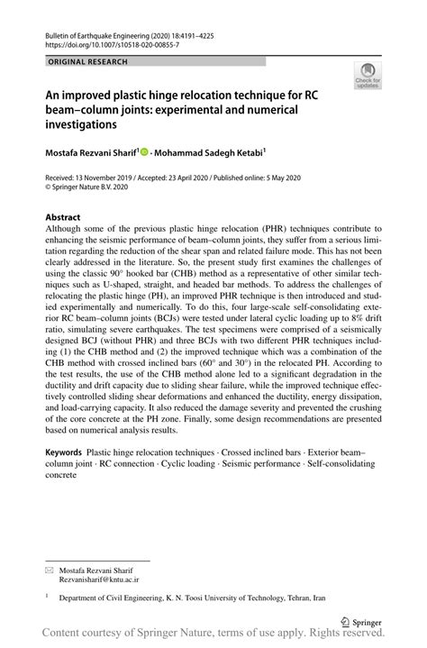 An Improved Plastic Hinge Relocation Technique For Rc Beam Column Joints Experimental And