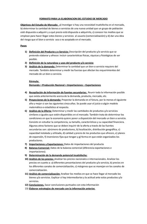 Formato Elaboracion Estudio DE Mercado FORMATO PARA LA ELABORACION