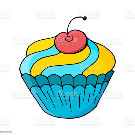 컵 케이크 아이콘 체리 머핀 을 손으로 그릴 스타일 디자인에 대한 벡터 그림입니다 달콤한 페이스트리 귀여운 머핀 거품 내기에 대한 스톡 벡터 아트 및 기타 이미지 Istock