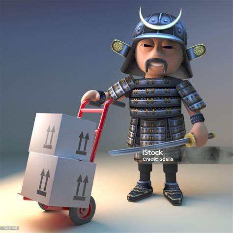 카타나와 귀족 일본 사무라이 전사는 자신의 손 트롤리와 골판지 상자를 제공합니다 3d 그림 Brand Name Video Game에 대한 스톡 사진 및 기타 이미지 Istock
