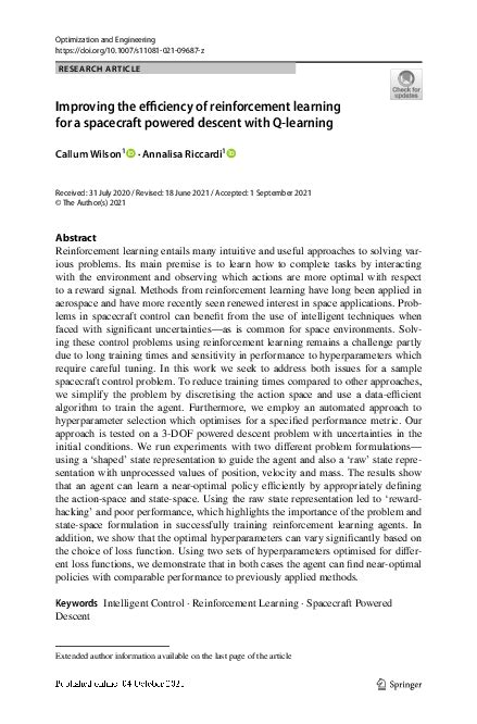 Pdf Improving The Efficiency Of Reinforcement Learning For A Spacecraft Powered Descent With Q