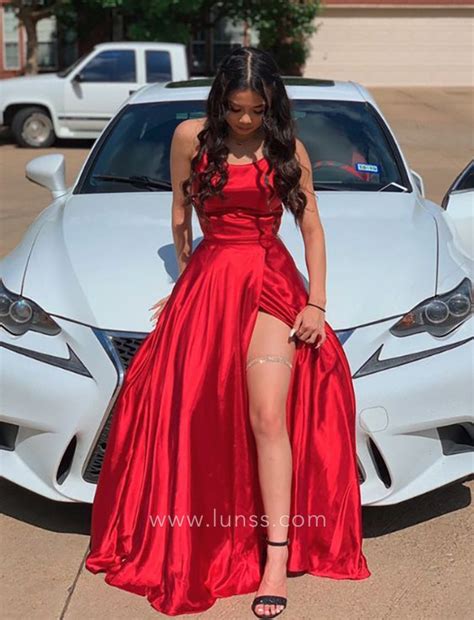 Simple Red Satin Spaghetti Straps A Line Slit Prom Dress Lunss