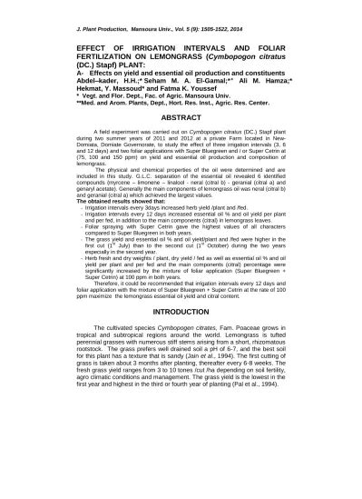 Effect Of Irrigation Intervals And Foliar Fertilization On Lemongrass
