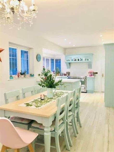 Chic Dining Room Table With Blue Kitchen Cabinets