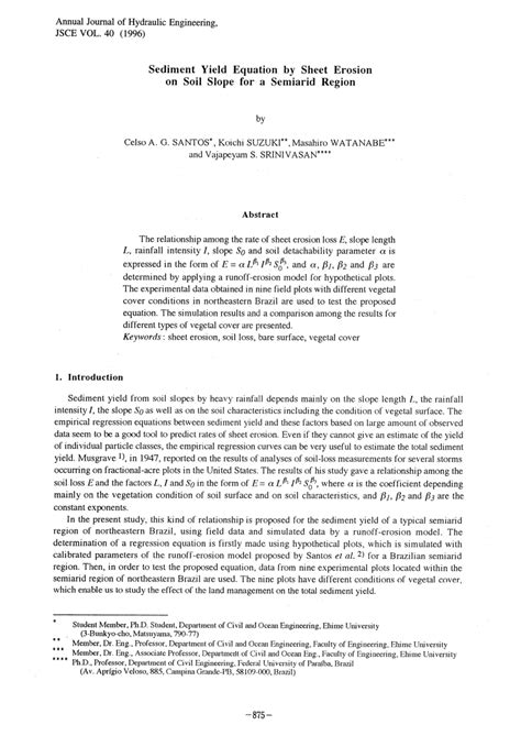 PDF Sediment Yield Equation By Sheet Erosion On Soil Slope For A Semiarid Region
