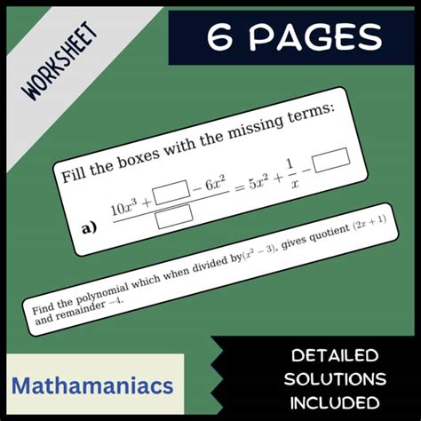 Polynomial Long Division Worksheet With Solutions By Mathamaniacs