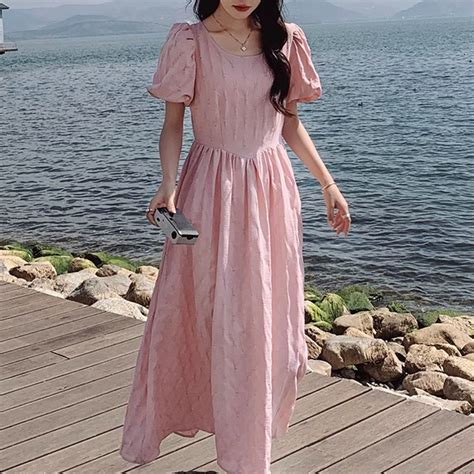 스타일아유 스타일아유 여성 여름 프렌치 라운드 고급 롱 원피스 퍼프소매 단정한 슬림핏 Op1515